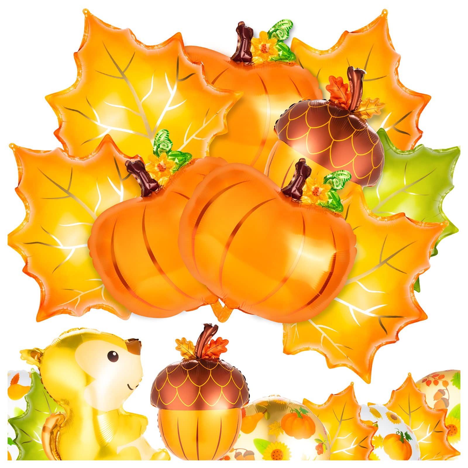 14 Pcs Fall Balloons, Large Thanksgiving Mylar Foil Balloons, Maple Leaf Squirrel Pine Cones Pumpkin Balloons for Party Decoration Supplies