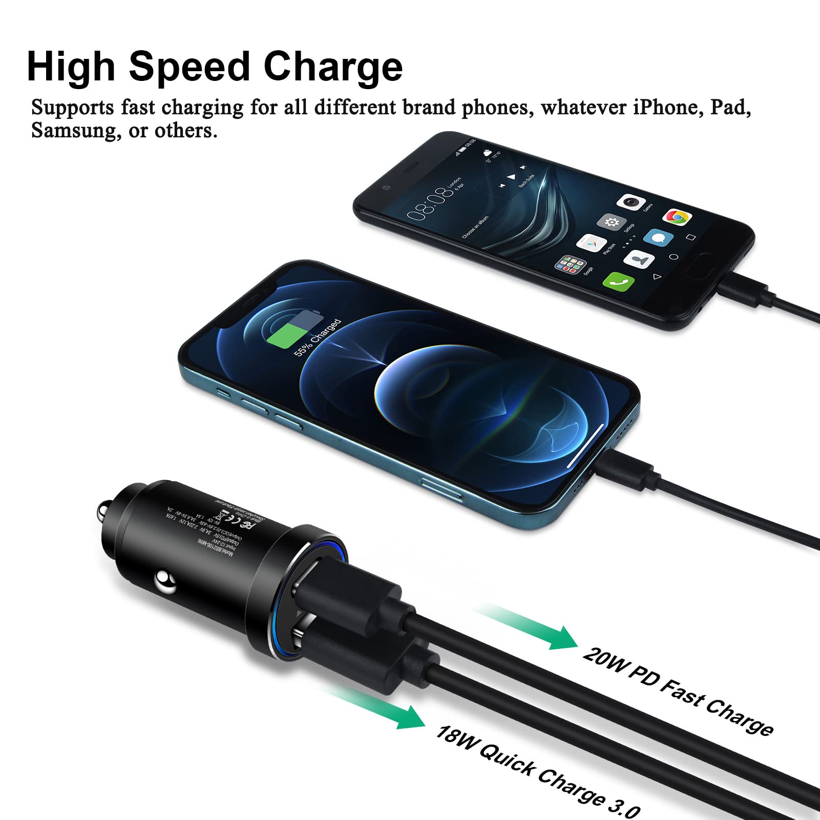 USB C Car Charger Flush Fit, 2Pack 38W PD 2Ports Car Fast Charger Adapter (Mini/Metal) Type C Quick Phone Car Charger Plug Compatible iPhone 15 14 13 12 11 Mini Pro Max XS XR, Samsung S24 S23 S22 S21