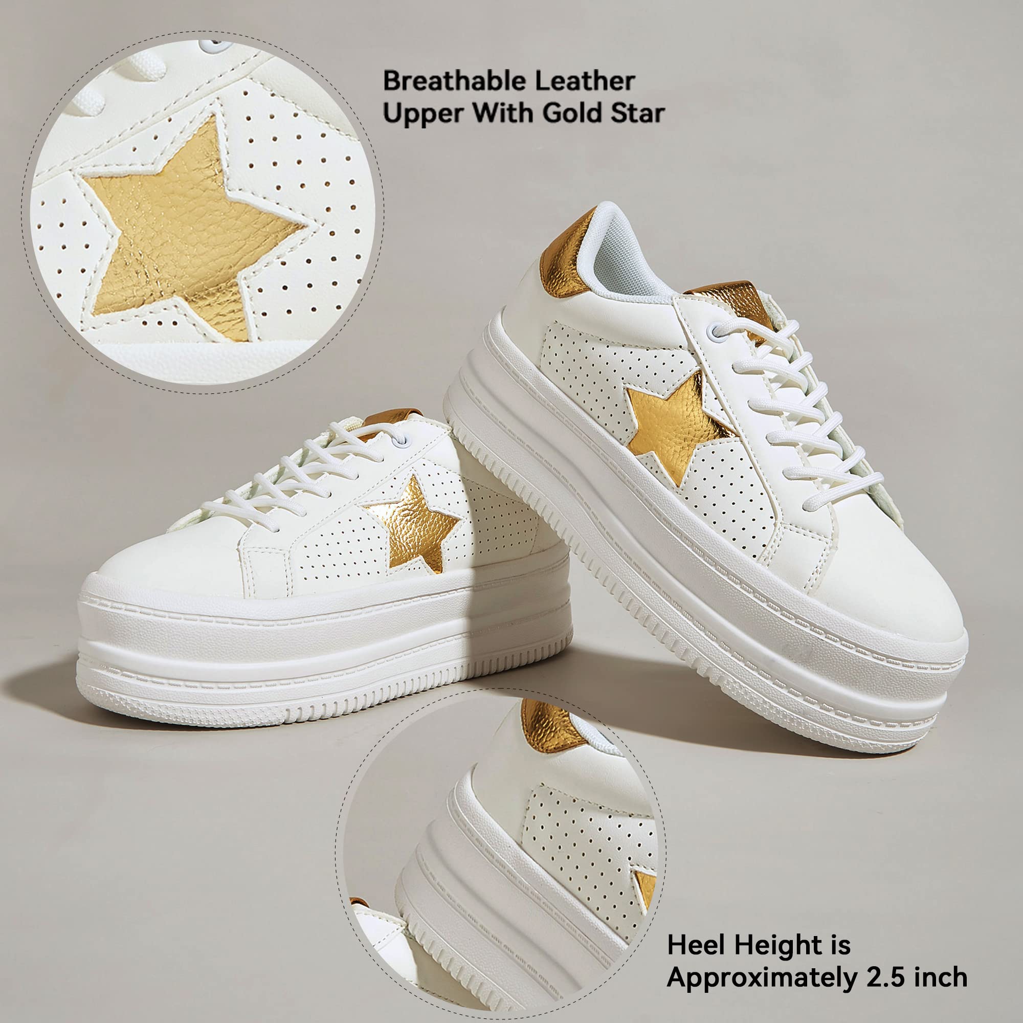 BELOS Fashion Platform Women Sneakers Faux Suede Stars Holographic Rainbow Walking Shoes(White Gold,7)