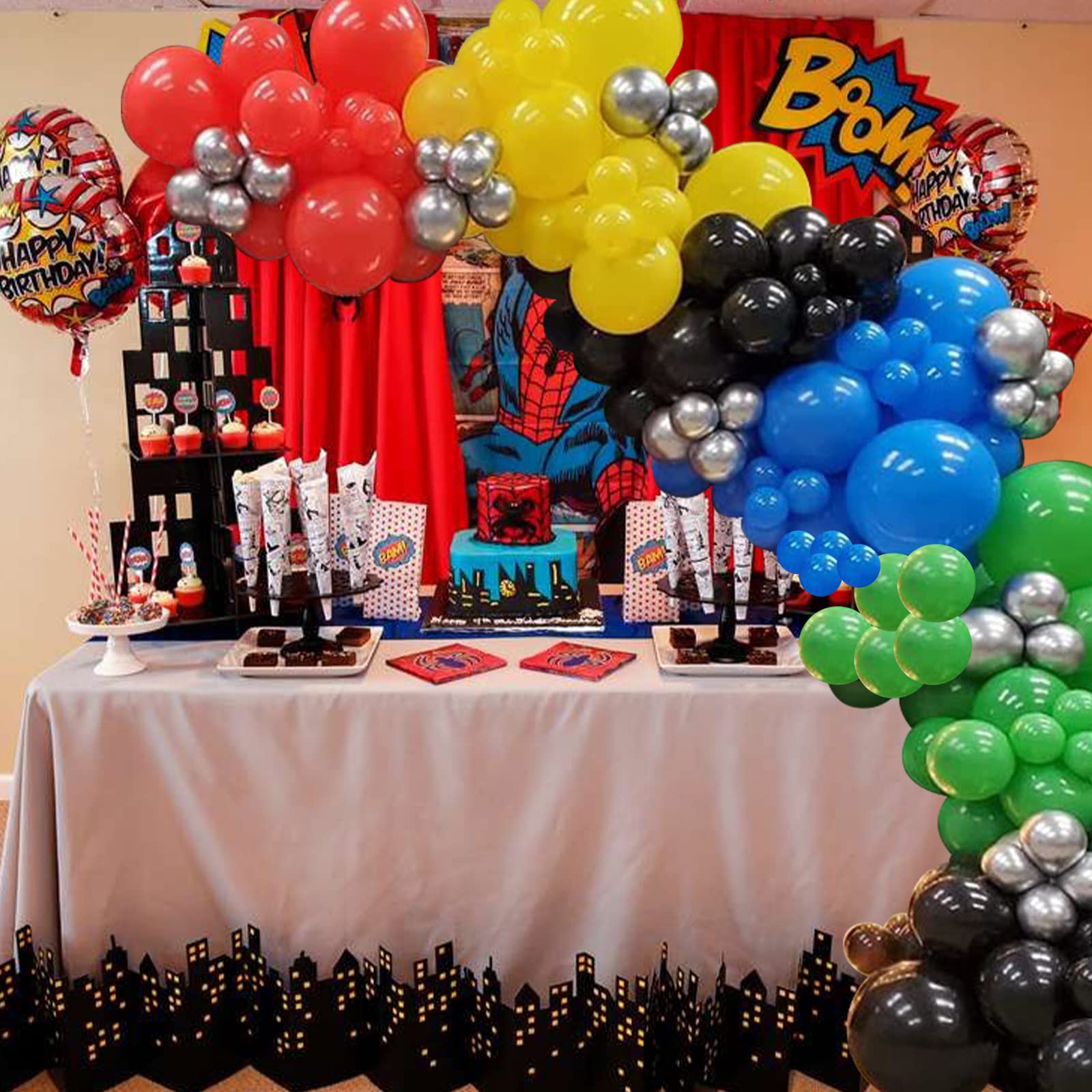 152pcs Red Blue Yellow Balloon Garland Kit with Metallic Silver Balloons, Colourful Balloon Arch Kit with Red Black Green Balloon for Kids Birthday Carnival Superhero Themed Party Decor