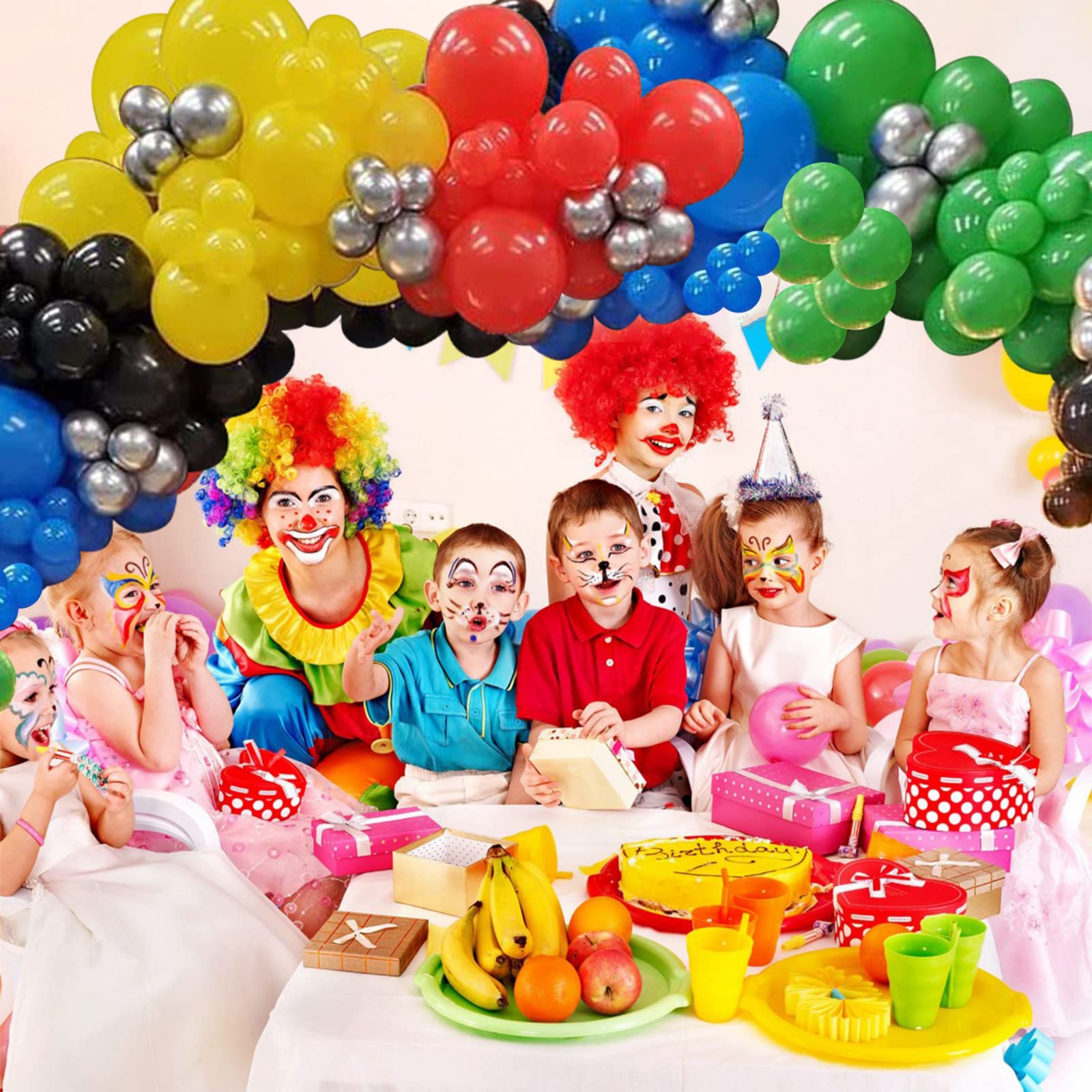 152pcs Red Blue Yellow Balloon Garland Kit with Metallic Silver Balloons, Colourful Balloon Arch Kit with Red Black Green Balloon for Kids Birthday Carnival Superhero Themed Party Decor