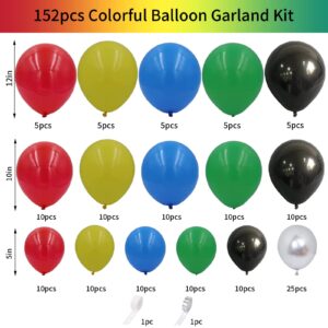 152pcs Red Blue Yellow Balloon Garland Kit with Metallic Silver Balloons, Colourful Balloon Arch Kit with Red Black Green Balloon for Kids Birthday Carnival Superhero Themed Party Decor