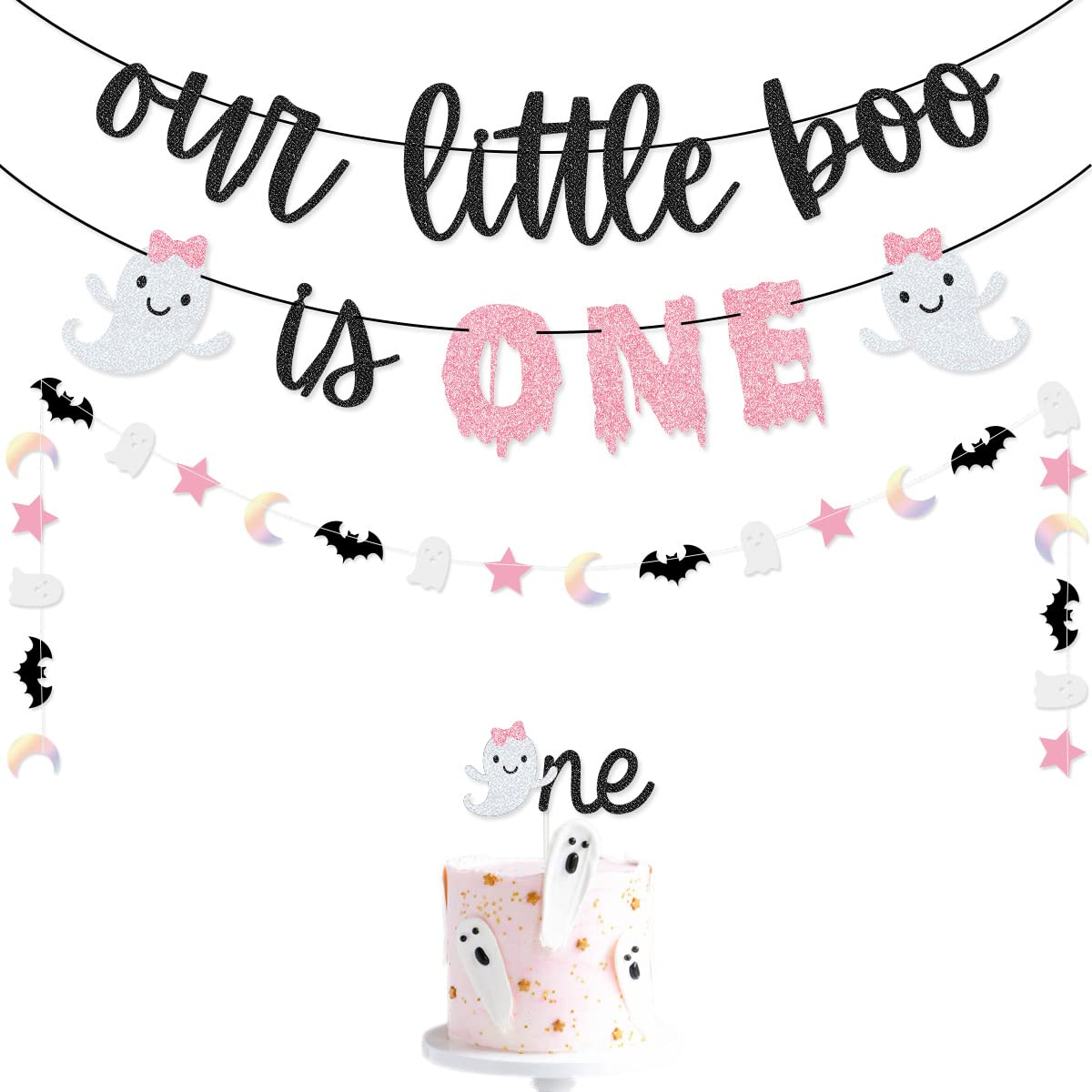 Pink Black Our Little Boo is One Banner One Cake Topper for Pink and Black Halloween Girl 1st Birthday Party Decorations