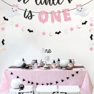 Pink Black Our Little Boo is One Banner One Cake Topper for Pink and Black Halloween Girl 1st Birthday Party Decorations