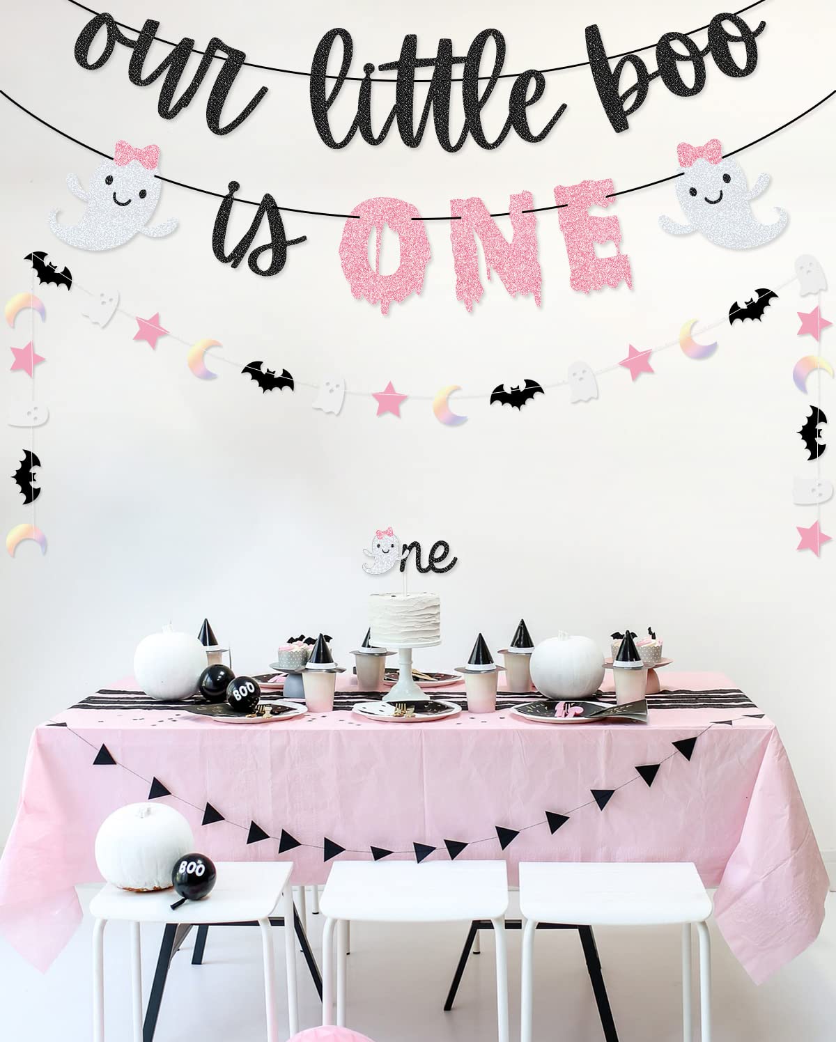 Pink Black Our Little Boo is One Banner One Cake Topper for Pink and Black Halloween Girl 1st Birthday Party Decorations