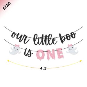 Pink Black Our Little Boo is One Banner One Cake Topper for Pink and Black Halloween Girl 1st Birthday Party Decorations