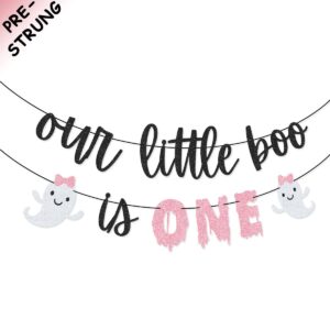 Pink Black Our Little Boo is One Banner One Cake Topper for Pink and Black Halloween Girl 1st Birthday Party Decorations