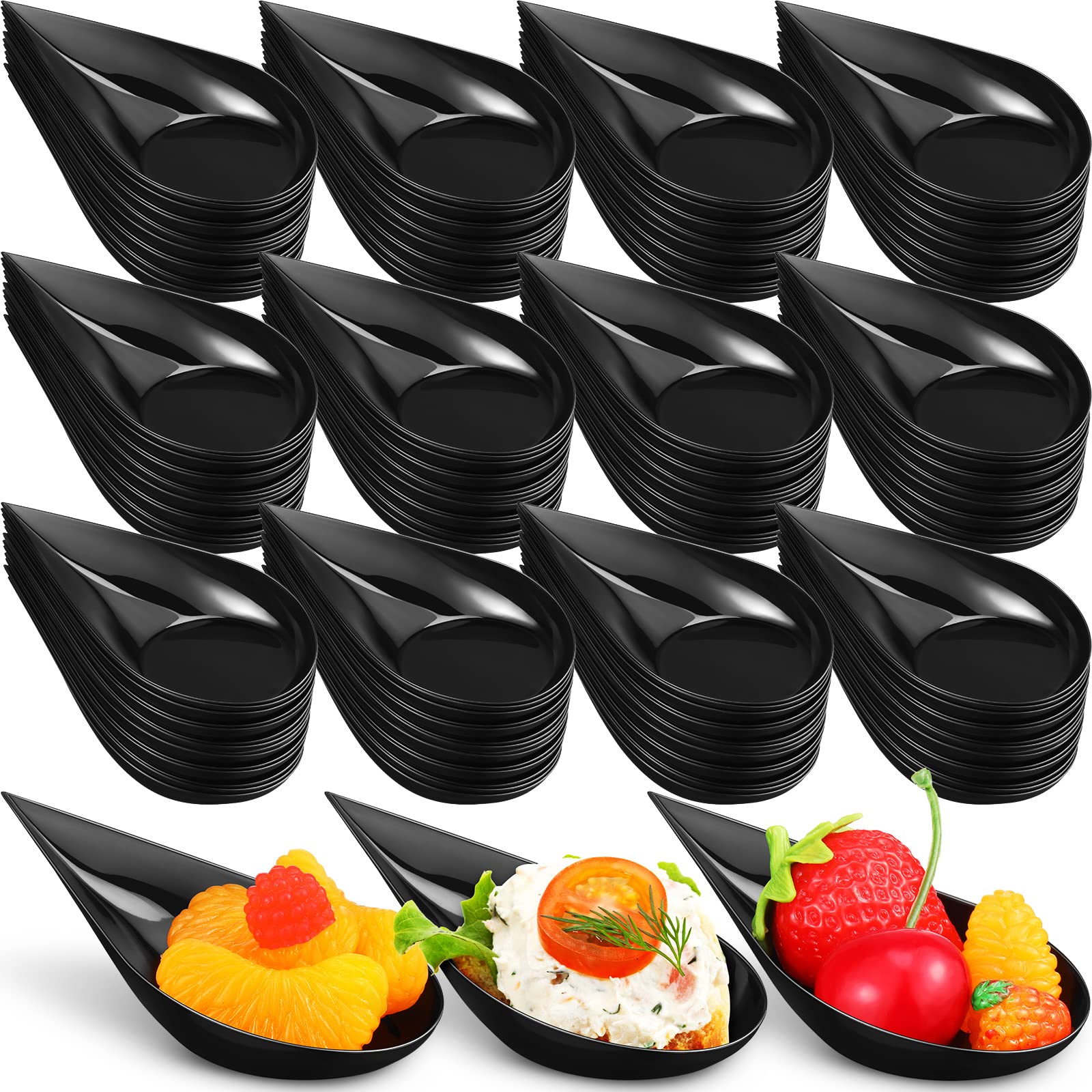 300 Pcs 4 Inch Tear Drop Mini Appetizer Plates Plastic Spoons Catering Supplies Small Mini Spoons Tasting Spoons Appetizer Dishes Mini Dessert Bowls Dessert Spoons Disposable Spoons for Party (Black)