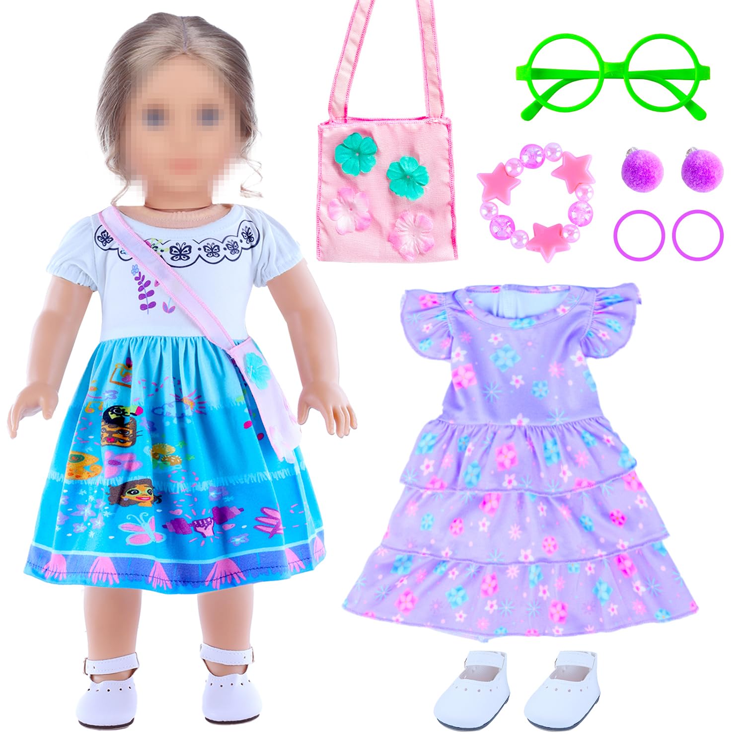 Nice2you 18-Inch American Doll Accessories, Charm Mira-bel & Isa-Bella Magical House Themed Princess Dress Stuff for American 18 Inch Girl Dolls Including Doll Clothes Shoes Glasses Bag etc