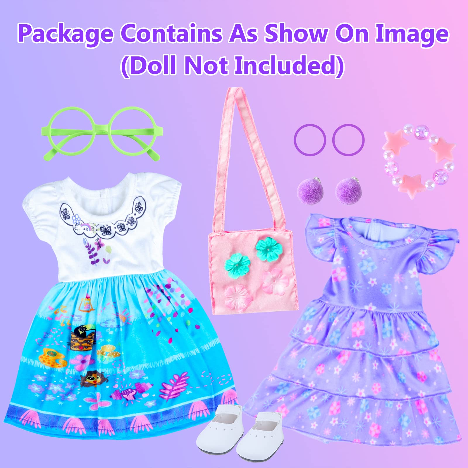 Nice2you 18-Inch American Doll Accessories, Charm Mira-bel & Isa-Bella Magical House Themed Princess Dress Stuff for American 18 Inch Girl Dolls Including Doll Clothes Shoes Glasses Bag etc