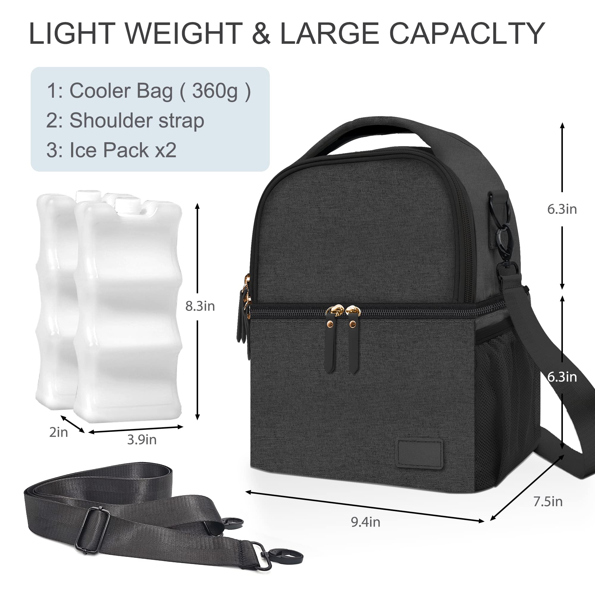 QIUXQIU Breast Milk Storage Cooler Bag with Ice Pack Insulated Lunch Bag for Women and Men Baby Bottle Bag Fits 6 Bottles for Nursing Mom Daycare Double Deck Cooling Bag Work Travel Picnic (Black)