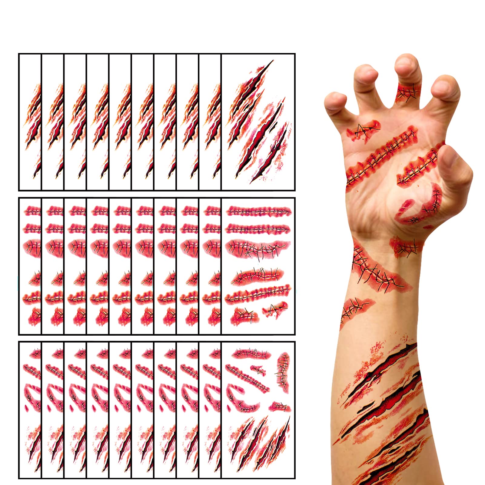 30 Sheets Halloween Temporary Tattoos, Horror Stitch Scar Scab Zombie Makeup Tattoos Stickers, Realistic Bloody Fake Wound for Halloween Party