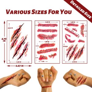 30 Sheets Halloween Temporary Tattoos, Horror Stitch Scar Scab Zombie Makeup Tattoos Stickers, Realistic Bloody Fake Wound for Halloween Party