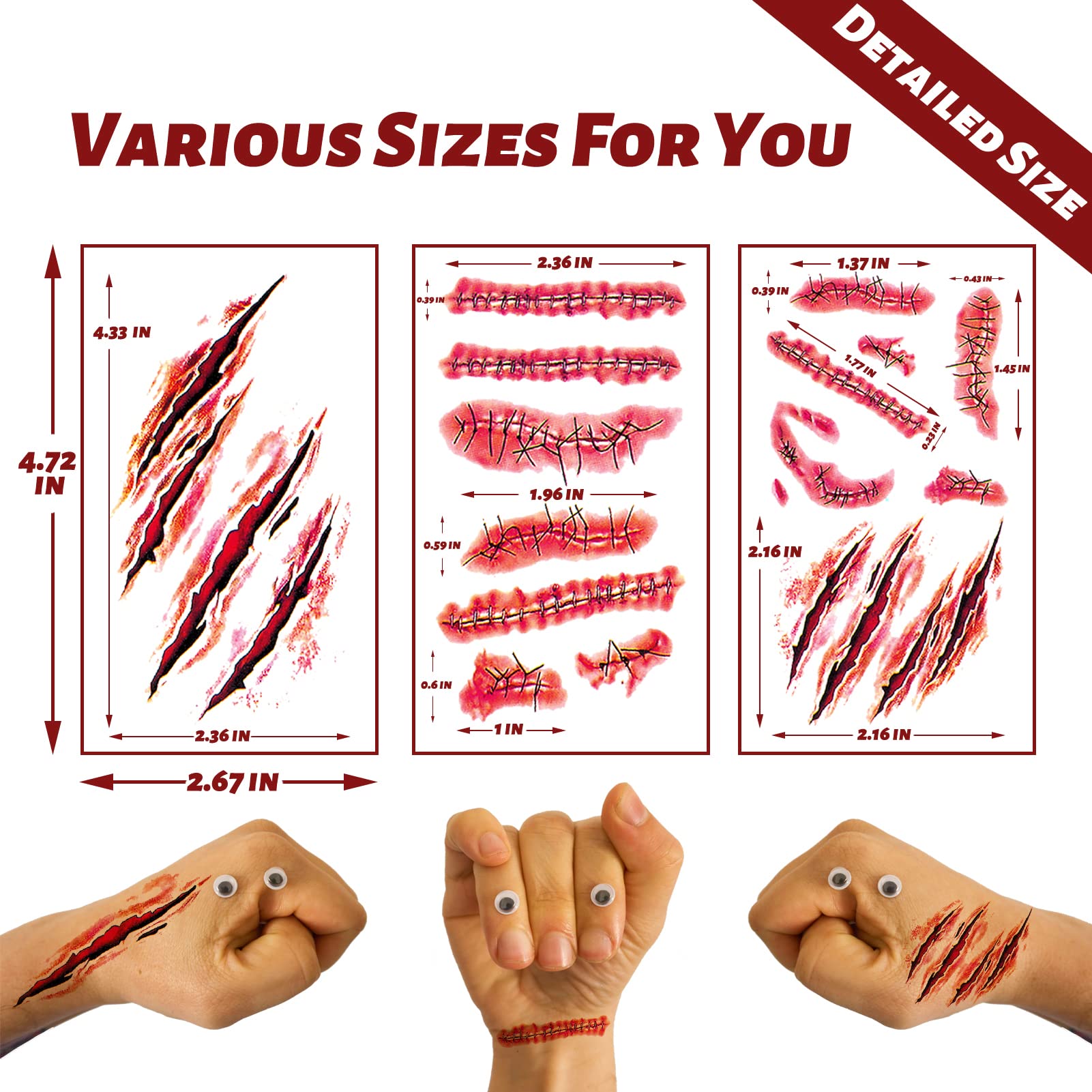 30 Sheets Halloween Temporary Tattoos, Horror Stitch Scar Scab Zombie Makeup Tattoos Stickers, Realistic Bloody Fake Wound for Halloween Party