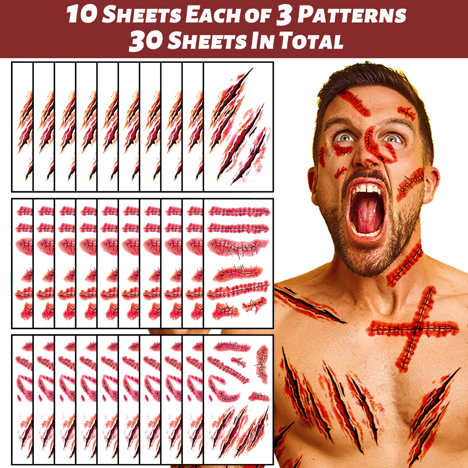 30 Sheets Halloween Temporary Tattoos, Horror Stitch Scar Scab Zombie Makeup Tattoos Stickers, Realistic Bloody Fake Wound for Halloween Party