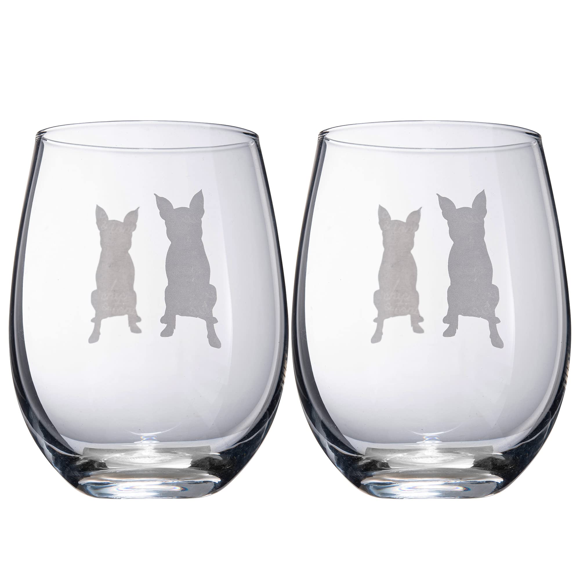 Set of 2 Boston Terrier Dog Stemless Wine Glasses - Boxwood, Boston Bull Terrier, American Gentleman Lover - for Him & Her - Dogs Silhouette - Etched Tumblers for Anniversary, Wedding, Gifts (18 OZ)