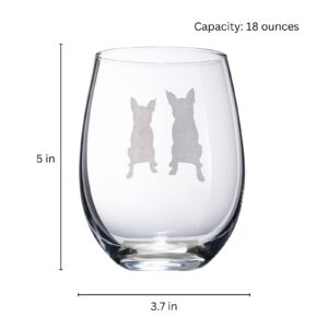 Set of 2 Boston Terrier Dog Stemless Wine Glasses - Boxwood, Boston Bull Terrier, American Gentleman Lover - for Him & Her - Dogs Silhouette - Etched Tumblers for Anniversary, Wedding, Gifts (18 OZ)