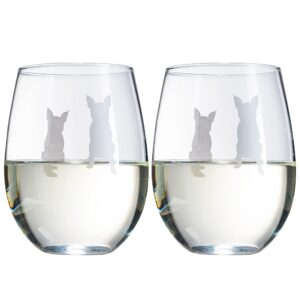 Set of 2 Boston Terrier Dog Stemless Wine Glasses - Boxwood, Boston Bull Terrier, American Gentleman Lover - for Him & Her - Dogs Silhouette - Etched Tumblers for Anniversary, Wedding, Gifts (18 OZ)