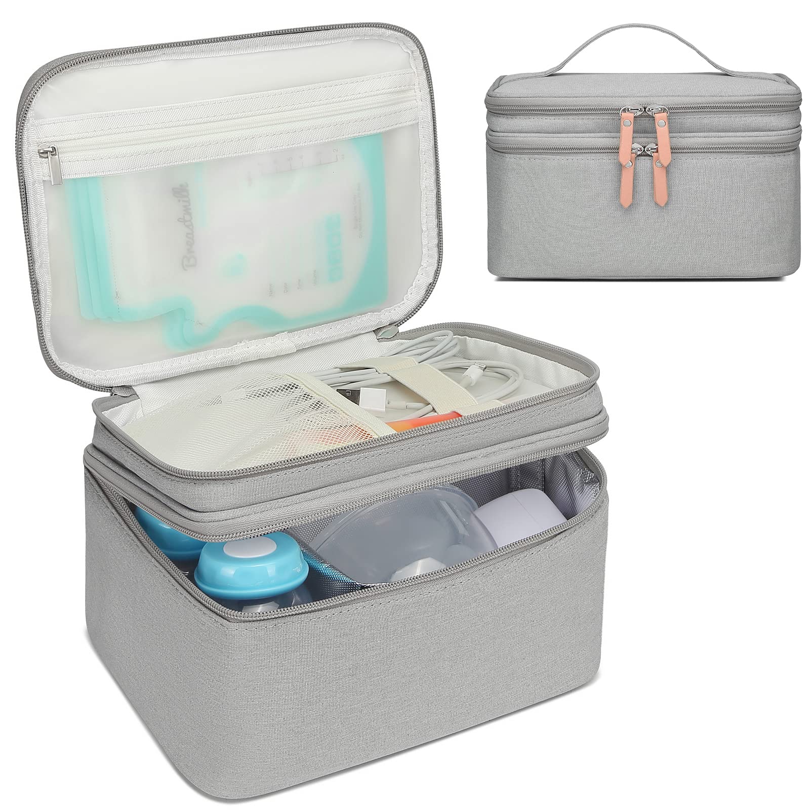 QIUXQIU Breast Pump Bag for Hands-Free Wearable Breast Pumps、Bottles,Pump Parts, and Storage Bag，Tote Bag，Multi-Function Breastmilk Cooler Bag Insulated Bag(Gray)