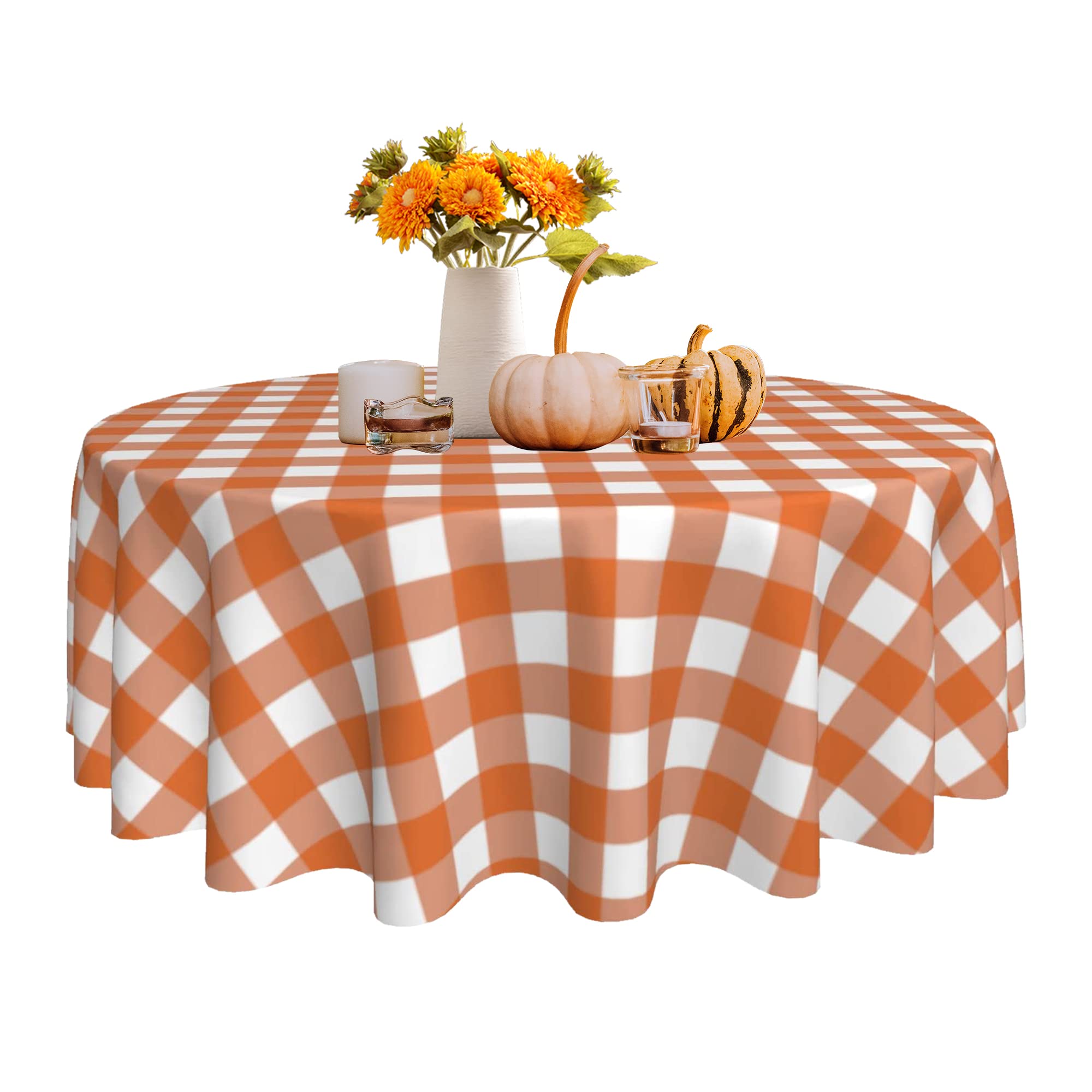 SuQKXCo Fall Round Tablecloth Orange White Autumn Buffalo Plaids Table Cloth 60 inch Thanksgiving Table Cloths Cover Mat Spill Proof Table Covers for Kitchen Party Dinner Tabletop Decoration