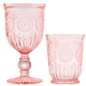 pink glassware bundle- 6 x pink goblets and 6 x pink water glasses - vintage glassware collection for parties