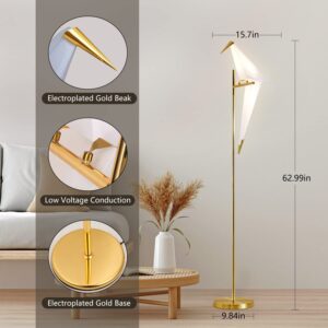 KOLHGNSE Origami Crane Bird Floor Lamp, 62-Inch Modern LED Floor Lamp Paper Crane Bird Standing Light Bird Floor Light Gold Metal Fixtures for Living Room Bedroom Dining Room Office