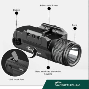 CRONHAWK Pistol Flashlight Rechargeable 700 Lumen Rail Mounted Tactical Flashlight Compact Weapon Light for Gun Light fits Picatinny