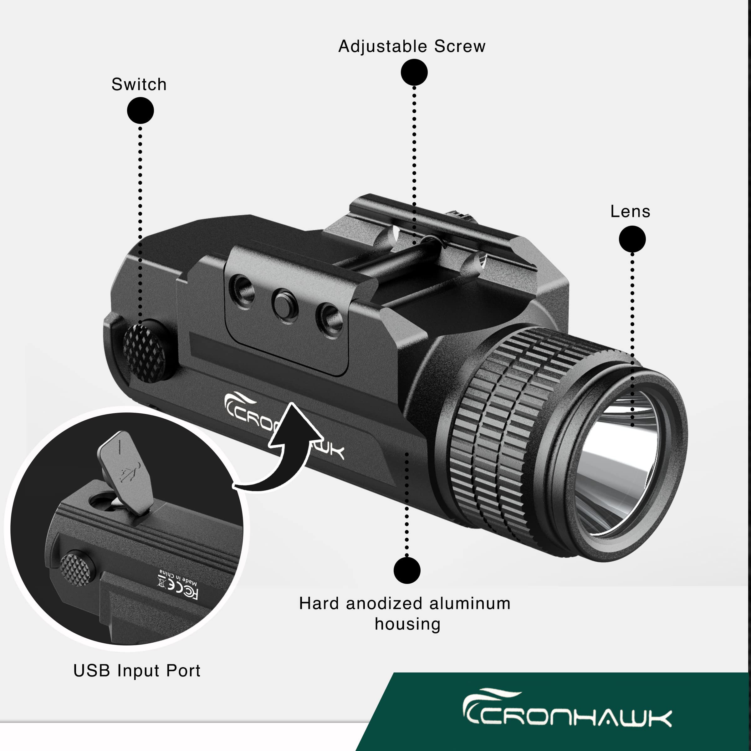 CRONHAWK Pistol Flashlight Rechargeable 700 Lumen Rail Mounted Tactical Flashlight Compact Weapon Light for Gun Light fits Picatinny