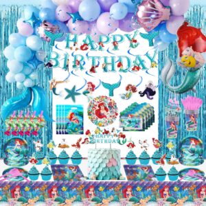 272 pcs little mermaid birthday party supplies, party decorations, ariel birthday decorations included happy birthday banner, balloons, swirls, invitation cards, tableware