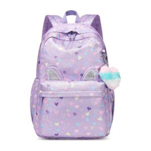 Kids Backpack Girls Light Purple Waterproof Large Space School Backpack Suitable for Age for Over 6 years old Lightweight Travel Cat Ear Heart Keychain Children Backpack（Light Purple Peach Heart）