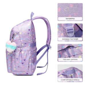 Kids Backpack Girls Light Purple Waterproof Large Space School Backpack Suitable for Age for Over 6 years old Lightweight Travel Cat Ear Heart Keychain Children Backpack（Light Purple Peach Heart）