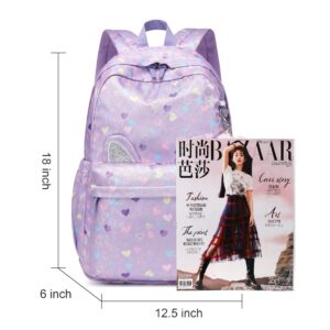 Kids Backpack Girls Light Purple Waterproof Large Space School Backpack Suitable for Age for Over 6 years old Lightweight Travel Cat Ear Heart Keychain Children Backpack（Light Purple Peach Heart）