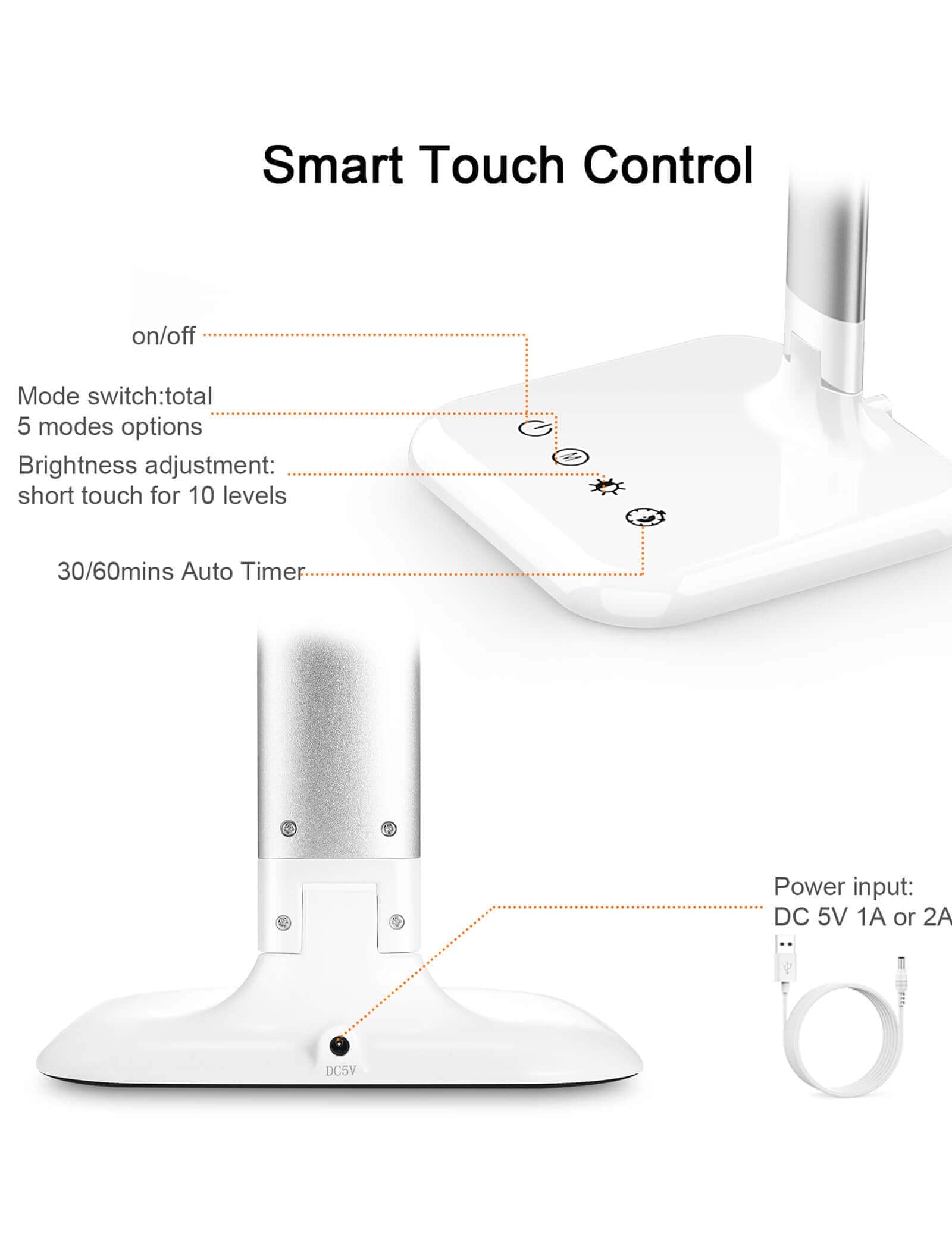 LED Desk Lamp for Home Office - Dimmable, Eye-Caring Reading Table Lamp, 5 Lighting Modes 10 Brightness Levels, Touch Control, 30/60 min Auto Timer