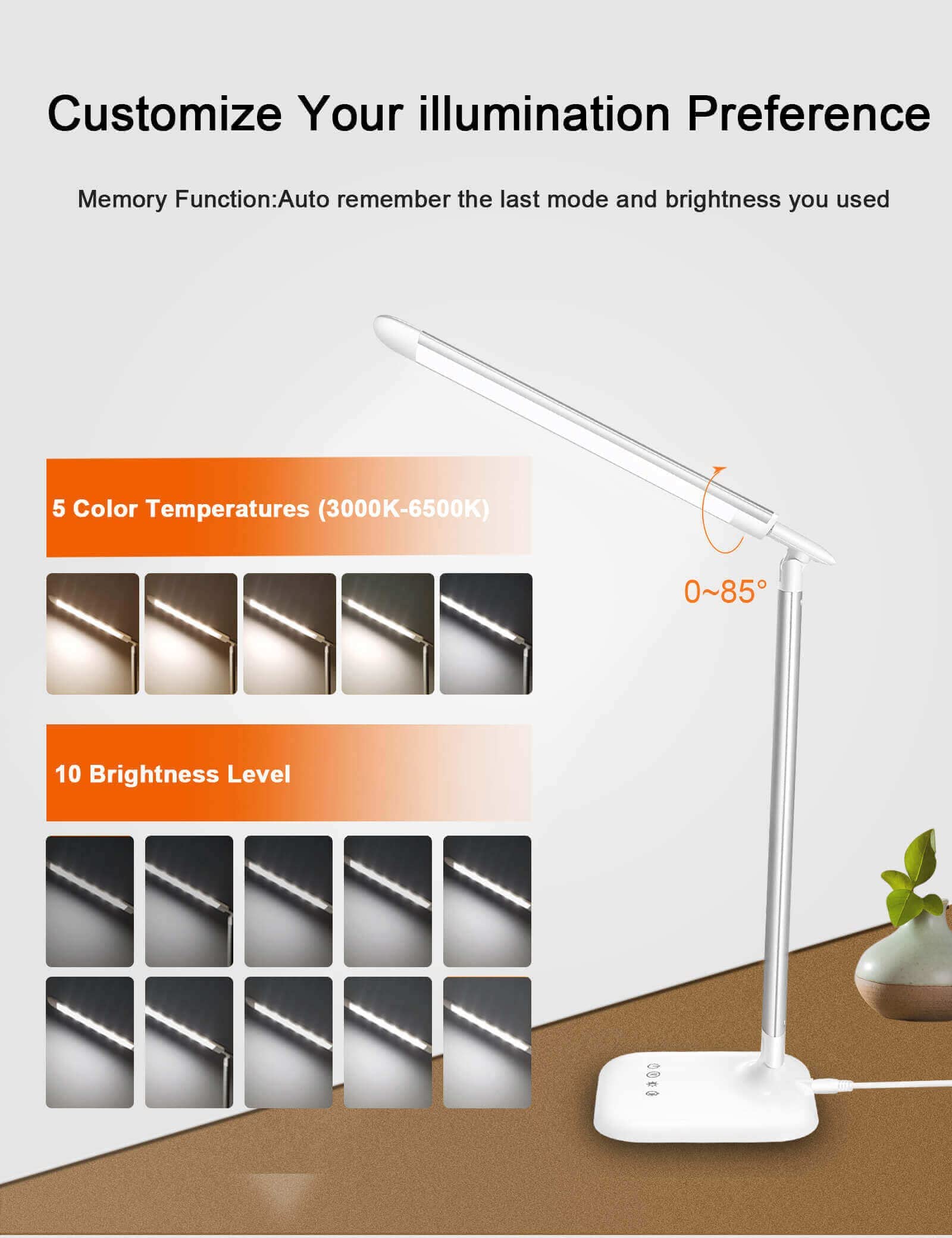 LED Desk Lamp for Home Office - Dimmable, Eye-Caring Reading Table Lamp, 5 Lighting Modes 10 Brightness Levels, Touch Control, 30/60 min Auto Timer