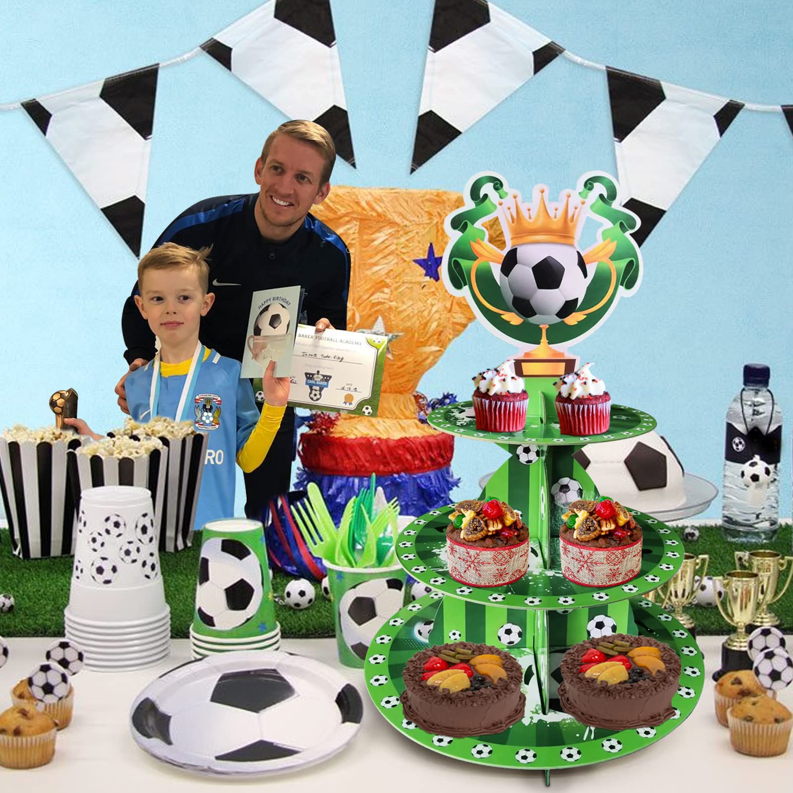 Soccer Themed Birthday Party Supplies, Soccer Party Decorations, 3 Tier Soccer Cardboard Cupcake Stand, Soccer Cake Topper Sports Theme Party Supplies for Teenagers Birthday