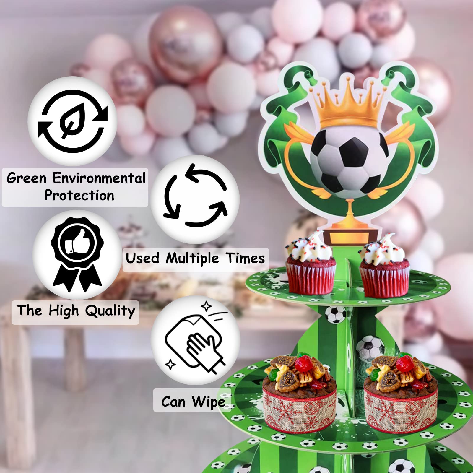 Soccer Themed Birthday Party Supplies, Soccer Party Decorations, 3 Tier Soccer Cardboard Cupcake Stand, Soccer Cake Topper Sports Theme Party Supplies for Teenagers Birthday