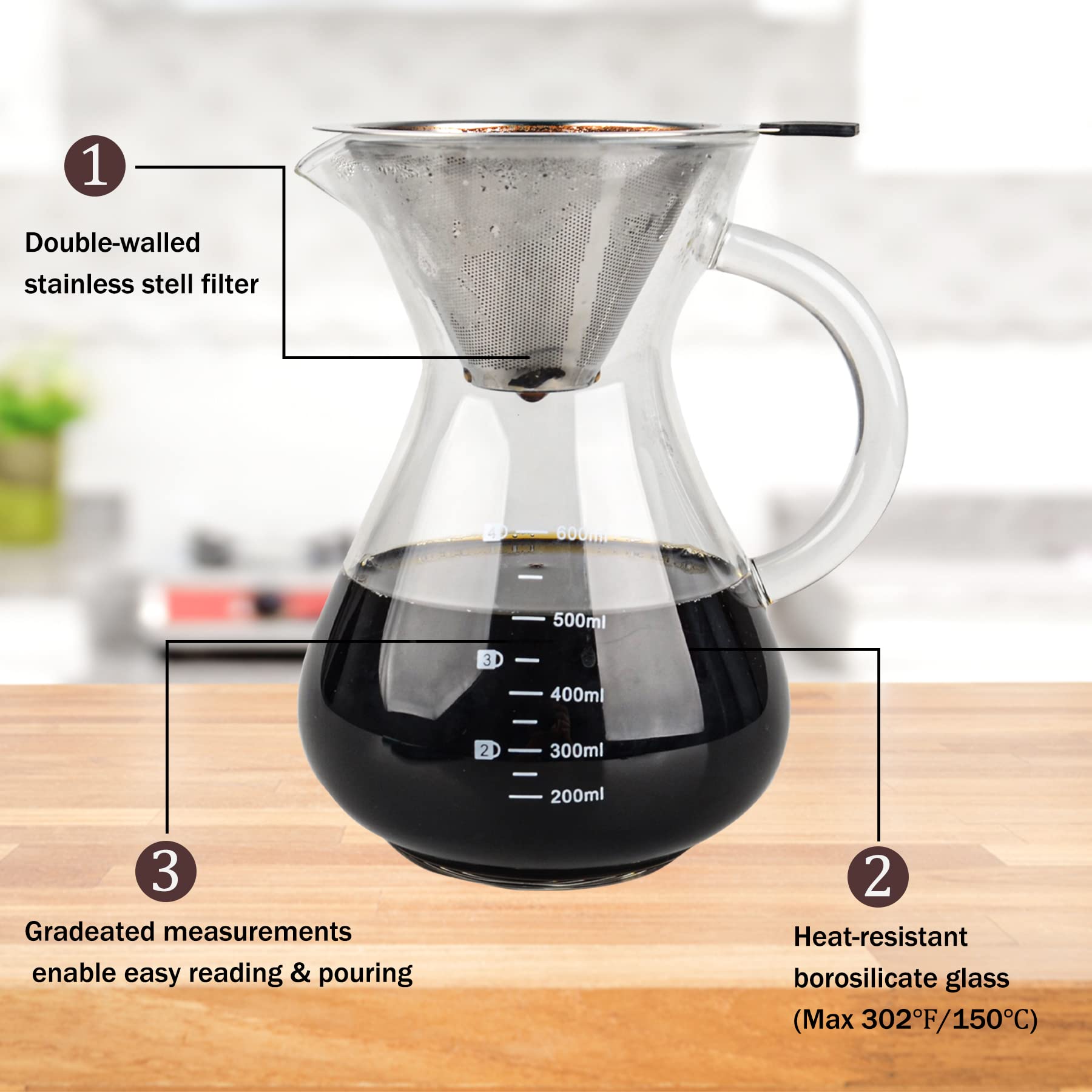 T-mark Pour Over Coffee Maker with Reusable Double-layer Stainless Steel Filter, 600ml/20oz BPA-Free Glass Coffee Carafe, Glass Coffee Maker, Coffee Dripper Brewer