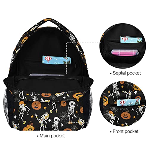 JIPONI Halloween Pumpkin Skull Skeleton Backpack For Women Men, Student School Bag Bookbag Travel Laptop Backpack Purse Daypack