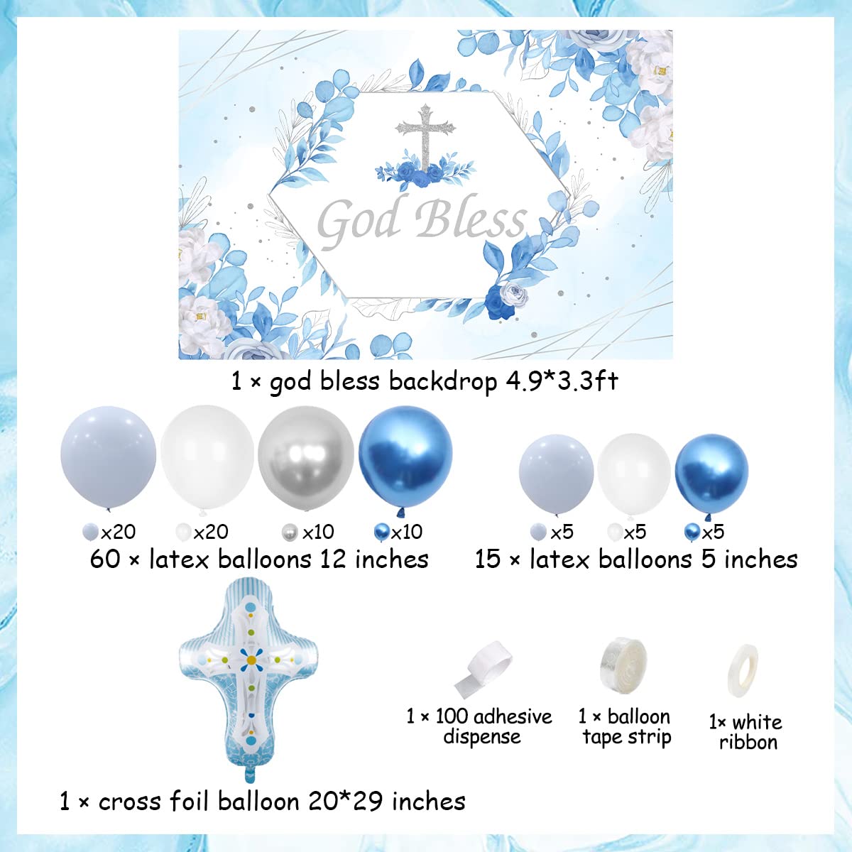 Cheereveal Baptism Party Decorations for Boys Blue, God Bless Party Decorations Blue and Silver Balloon Garland Kit with Backdrop Cross Foil Balloon for First Communion Confirmation Party Supplies