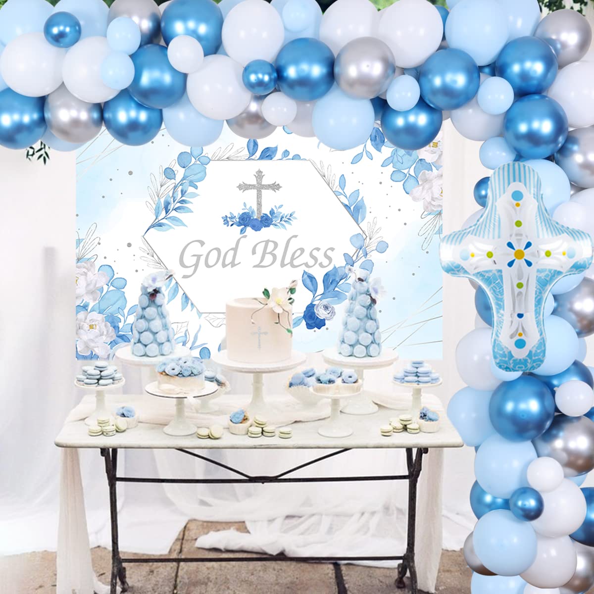 Cheereveal Baptism Party Decorations for Boys Blue, God Bless Party Decorations Blue and Silver Balloon Garland Kit with Backdrop Cross Foil Balloon for First Communion Confirmation Party Supplies