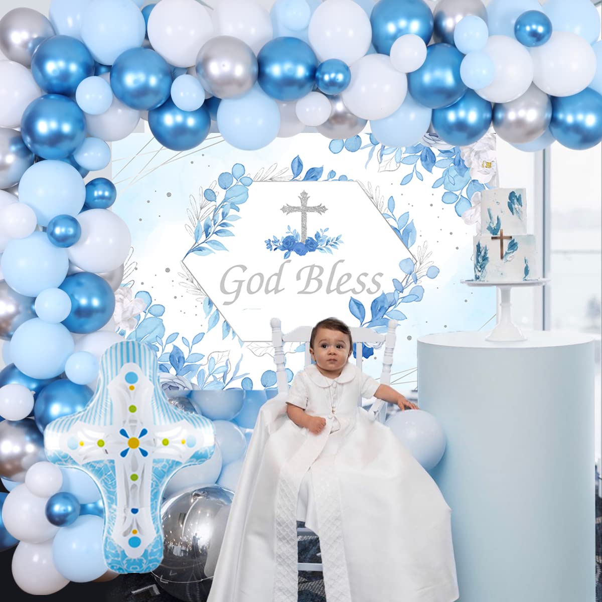 Cheereveal Baptism Party Decorations for Boys Blue, God Bless Party Decorations Blue and Silver Balloon Garland Kit with Backdrop Cross Foil Balloon for First Communion Confirmation Party Supplies