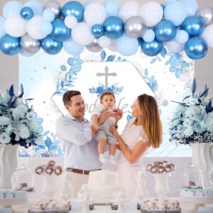 Cheereveal Baptism Party Decorations for Boys Blue, God Bless Party Decorations Blue and Silver Balloon Garland Kit with Backdrop Cross Foil Balloon for First Communion Confirmation Party Supplies