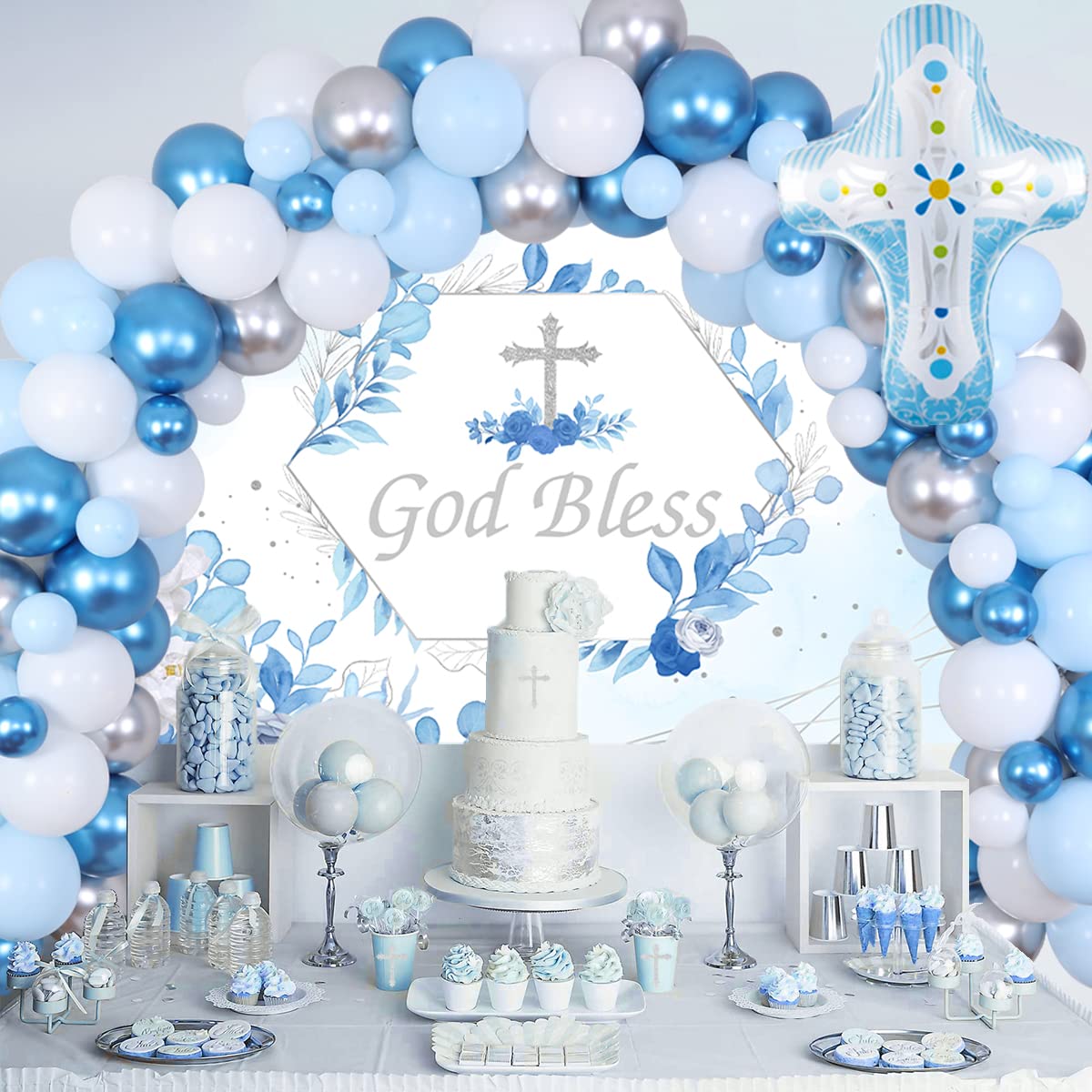 Cheereveal Baptism Party Decorations for Boys Blue, God Bless Party Decorations Blue and Silver Balloon Garland Kit with Backdrop Cross Foil Balloon for First Communion Confirmation Party Supplies