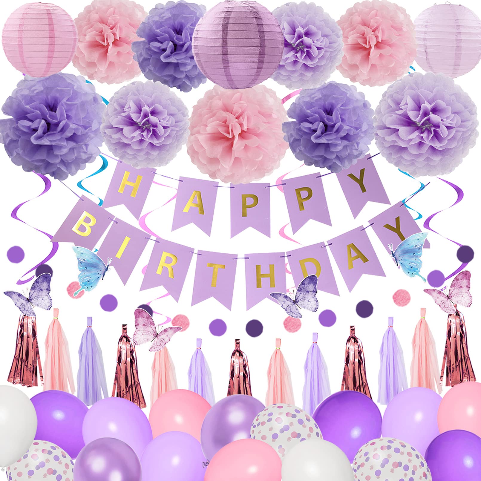 Amandir Purple Birthday Decorations for Women Girl Butterfly Birthday Party Decorations Supplies Pink and Purple Balloons Happy Birthday Circle Dots Banner Butterfly Hanging Swirl Paper Lanterns Pom