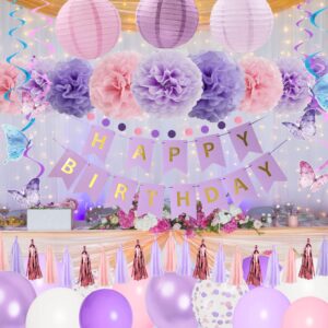 Amandir Purple Birthday Decorations for Women Girl Butterfly Birthday Party Decorations Supplies Pink and Purple Balloons Happy Birthday Circle Dots Banner Butterfly Hanging Swirl Paper Lanterns Pom