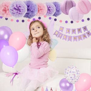 Amandir Purple Birthday Decorations for Women Girl Butterfly Birthday Party Decorations Supplies Pink and Purple Balloons Happy Birthday Circle Dots Banner Butterfly Hanging Swirl Paper Lanterns Pom