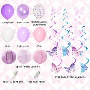 Amandir Purple Birthday Decorations for Women Girl Butterfly Birthday Party Decorations Supplies Pink and Purple Balloons Happy Birthday Circle Dots Banner Butterfly Hanging Swirl Paper Lanterns Pom