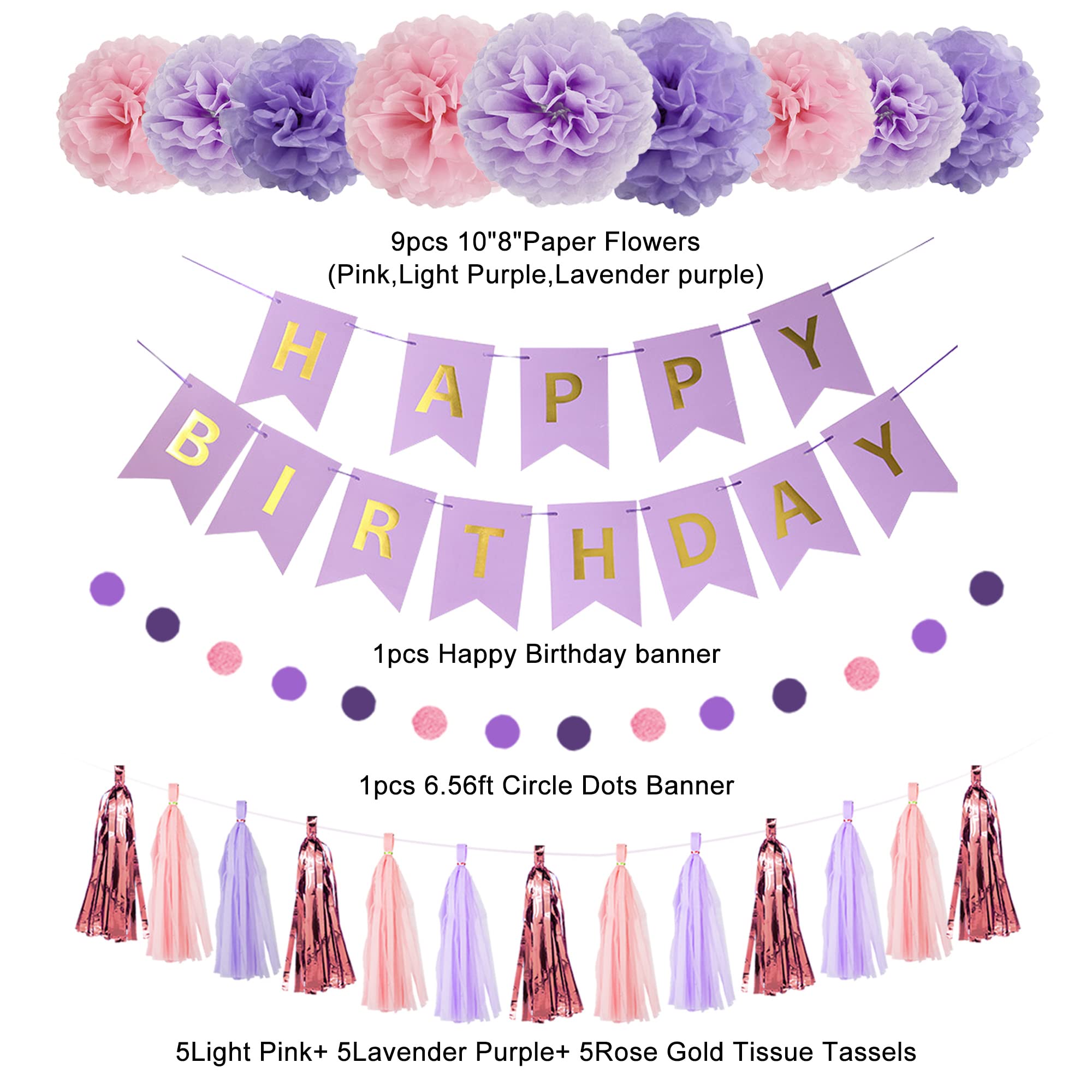 Amandir Purple Birthday Decorations for Women Girl Butterfly Birthday Party Decorations Supplies Pink and Purple Balloons Happy Birthday Circle Dots Banner Butterfly Hanging Swirl Paper Lanterns Pom