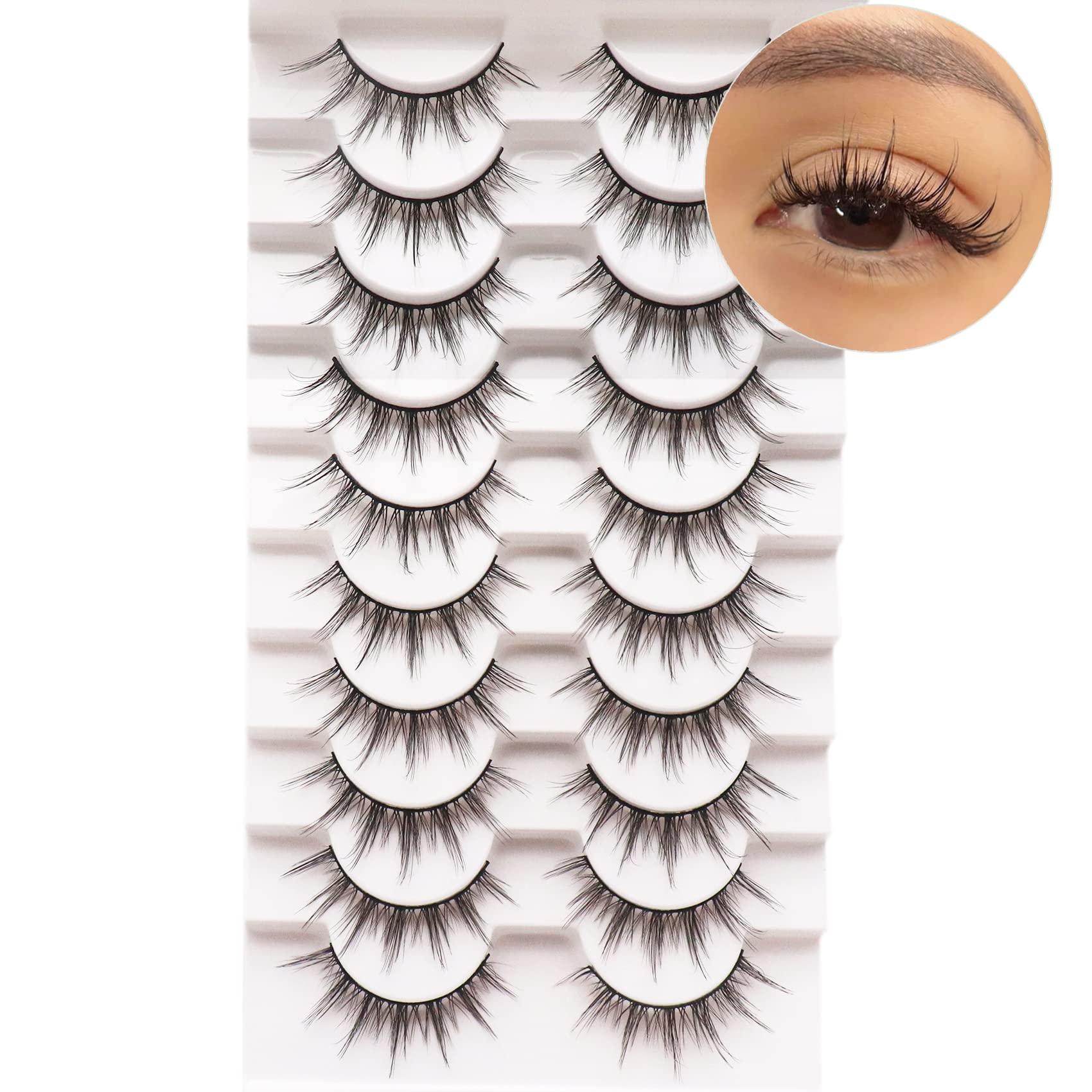 Losha Manga Lashes Fluffy Faux Mink Lashes Natural Look 10 Pairs Asian False Eyelashes Pack Look Like Individual Clusters (6D75)