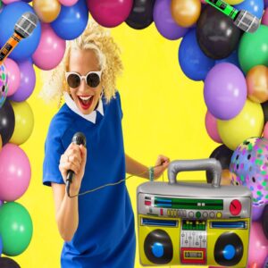 Amandir 80s 90s Theme Party Decorations, 90Pcs Balloon Garland Kit 6PCS Inflatable Disco Ball Radio Boom Box Retro Mobile Phone Guitar Microphone Balloons for Back to 80s 90s Hip Hop Birthday Supplies